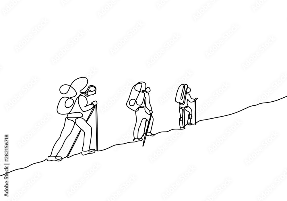one line drawing of travelers walking isolated on white background ...