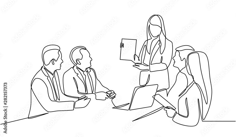 Continuous line drawing of group of business people having discussion ...