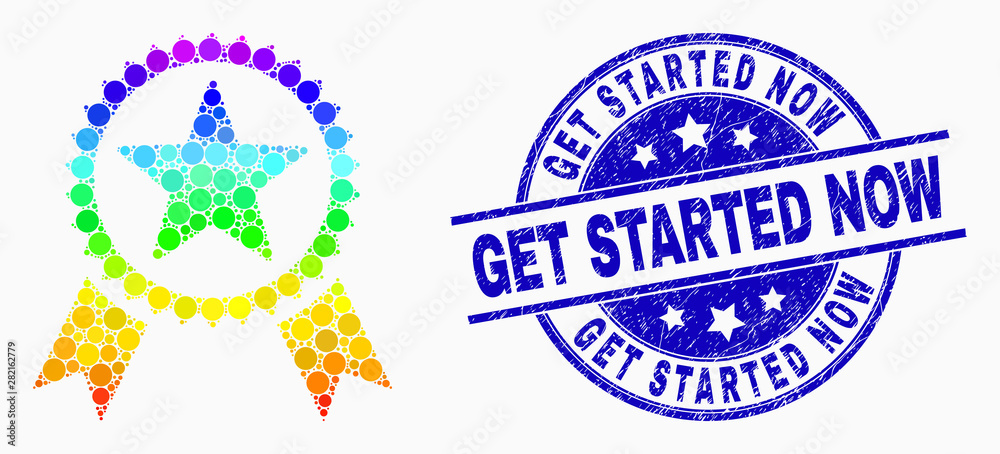 Pixel spectral star seal mosaic icon and Get Started Now watermark ...