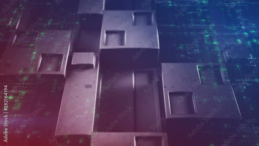 Sci-fi wall panel and digital code. Futuristic technology concept. Seamless loop 3D render ...