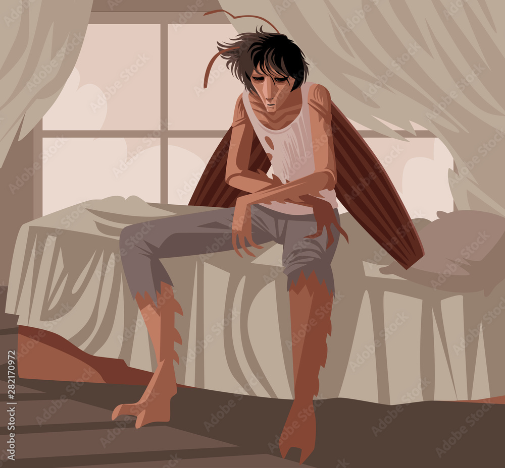 man in bedroom transformation into a cockroach insect metamorphosis ...