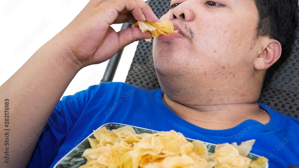 Portrait of lazy Overweight man eating chips and holding water ... Portrait of lazy Overweight man eating chips and holding water ...