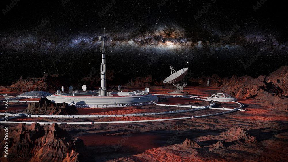 human base on the surface of an alien planet, colony on exoplanet Stock ...