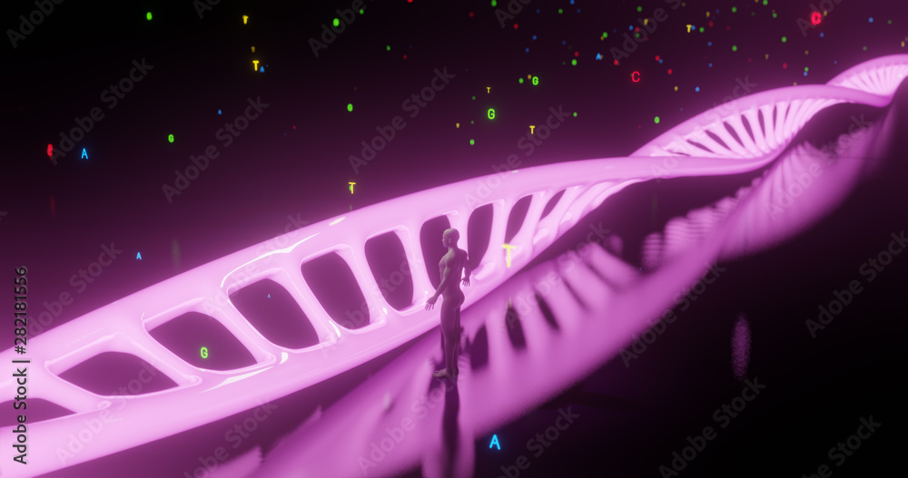 neon glowing DNA with human silhouette and raining DNA proteins concept ...