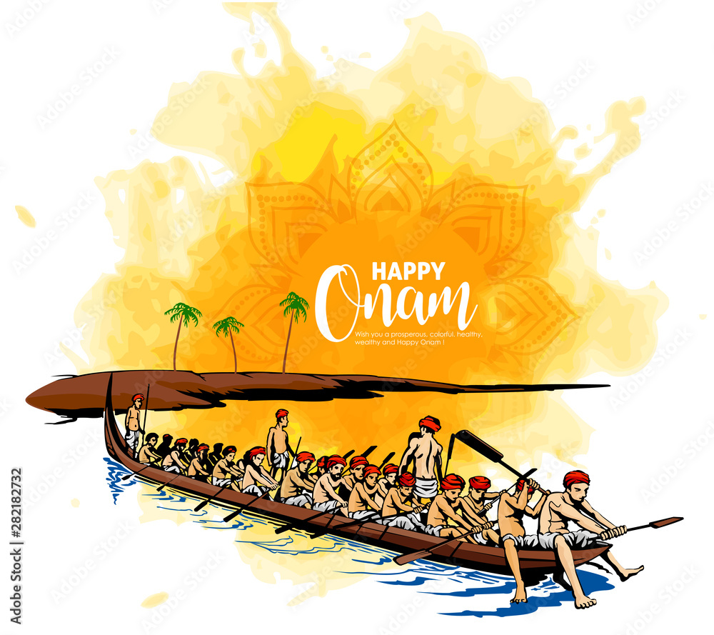 illustration of colorful Kathakali dancer and snakeboat race in Onam ...