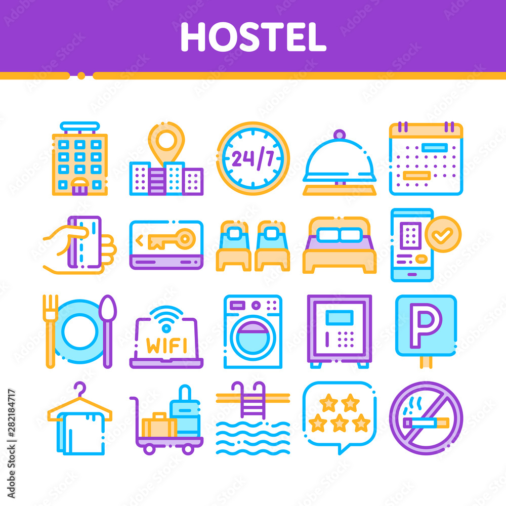 Collection Hostel Elements Vector Sign Icons Set. Building Hostel And ...