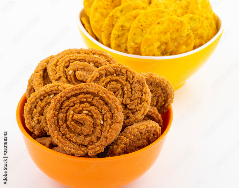 Indian Traditional Snack Chakli With Masala Khari, a spiral shaped ...