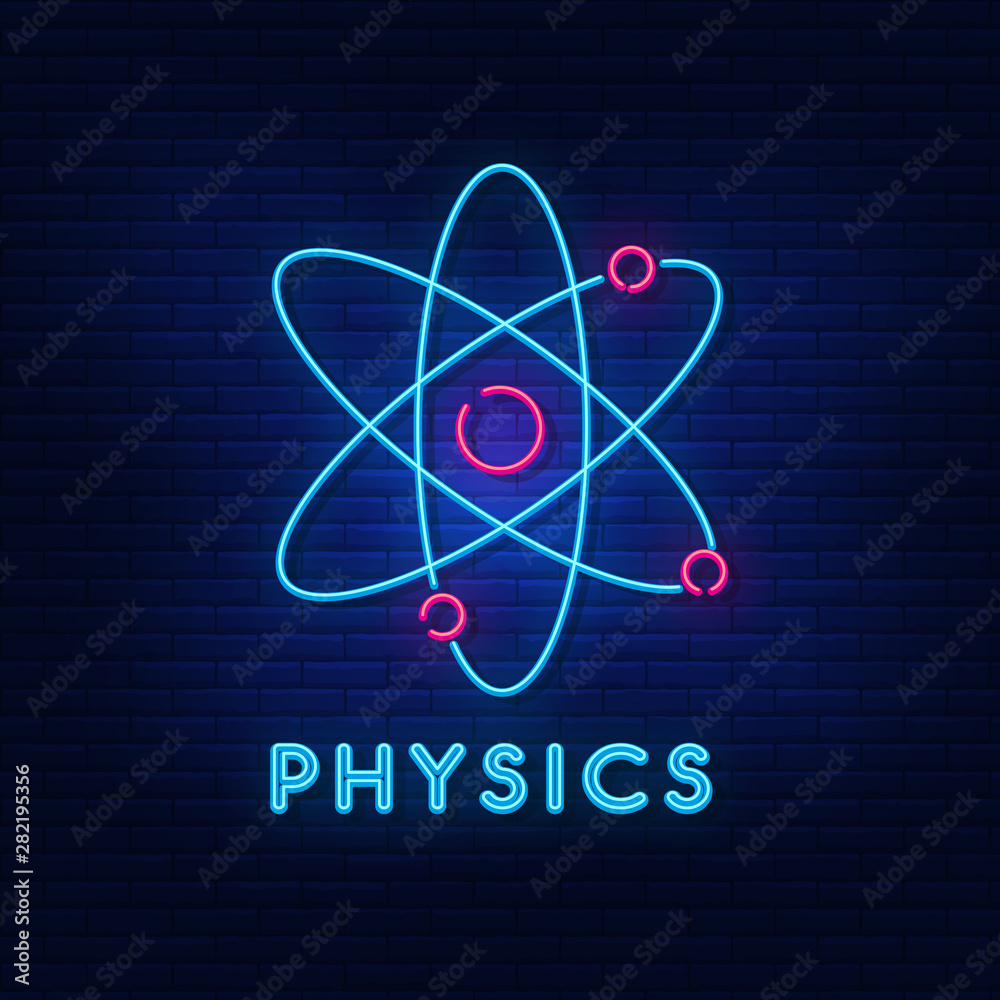 Neon lights of physics. Bright physics. Modern vector logo, icon ...