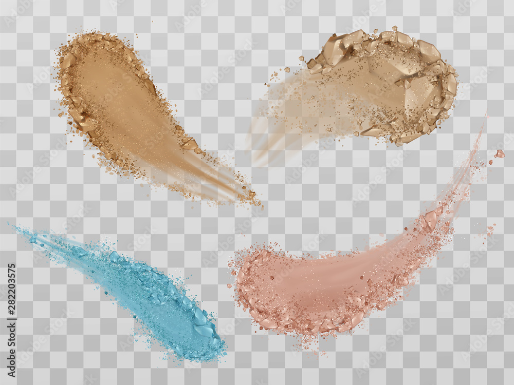 Skin foundation smears, dry powder, eye shadows brush strokes set ...