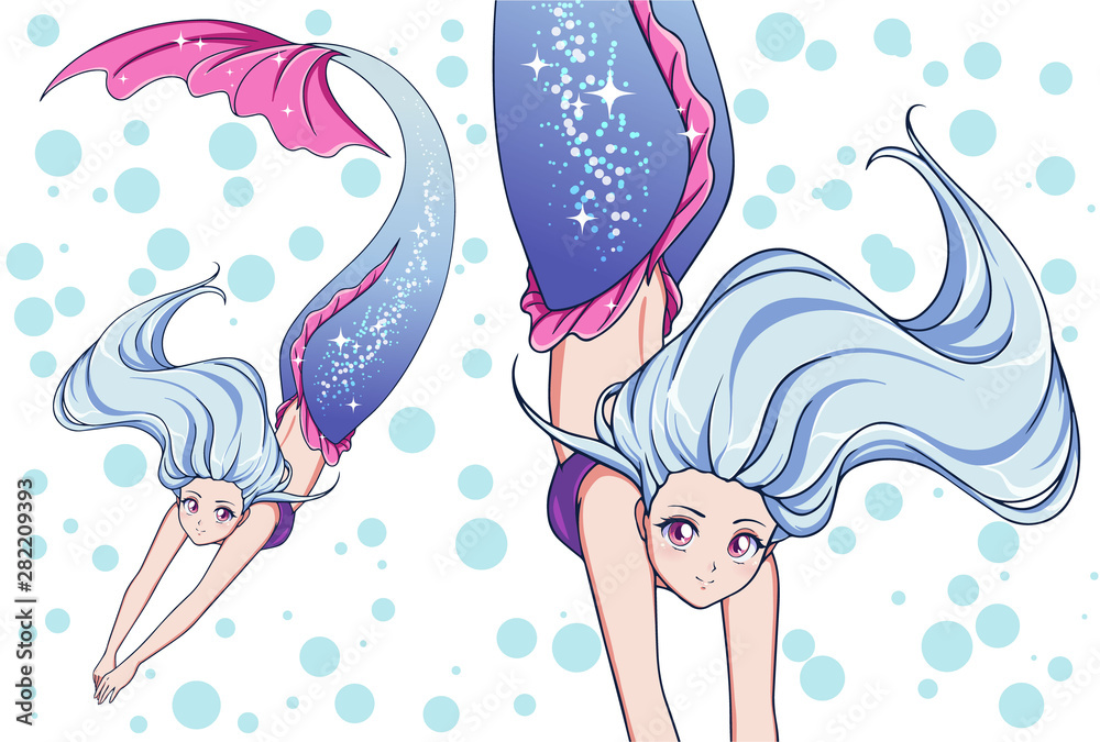 Vecteur Stock Pretty anime swimming mermaid. White hair and shiny blue ...