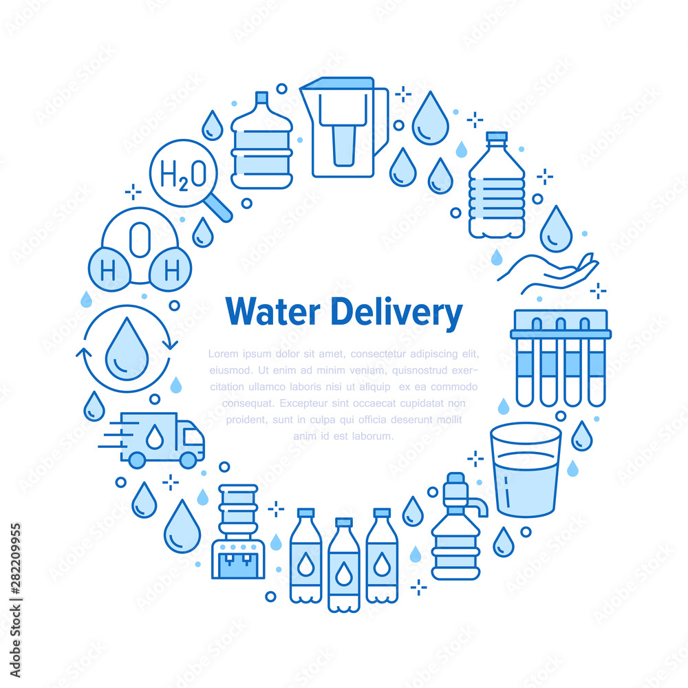 Pure water vector circle banner with flat line icons. Aqua filter ...