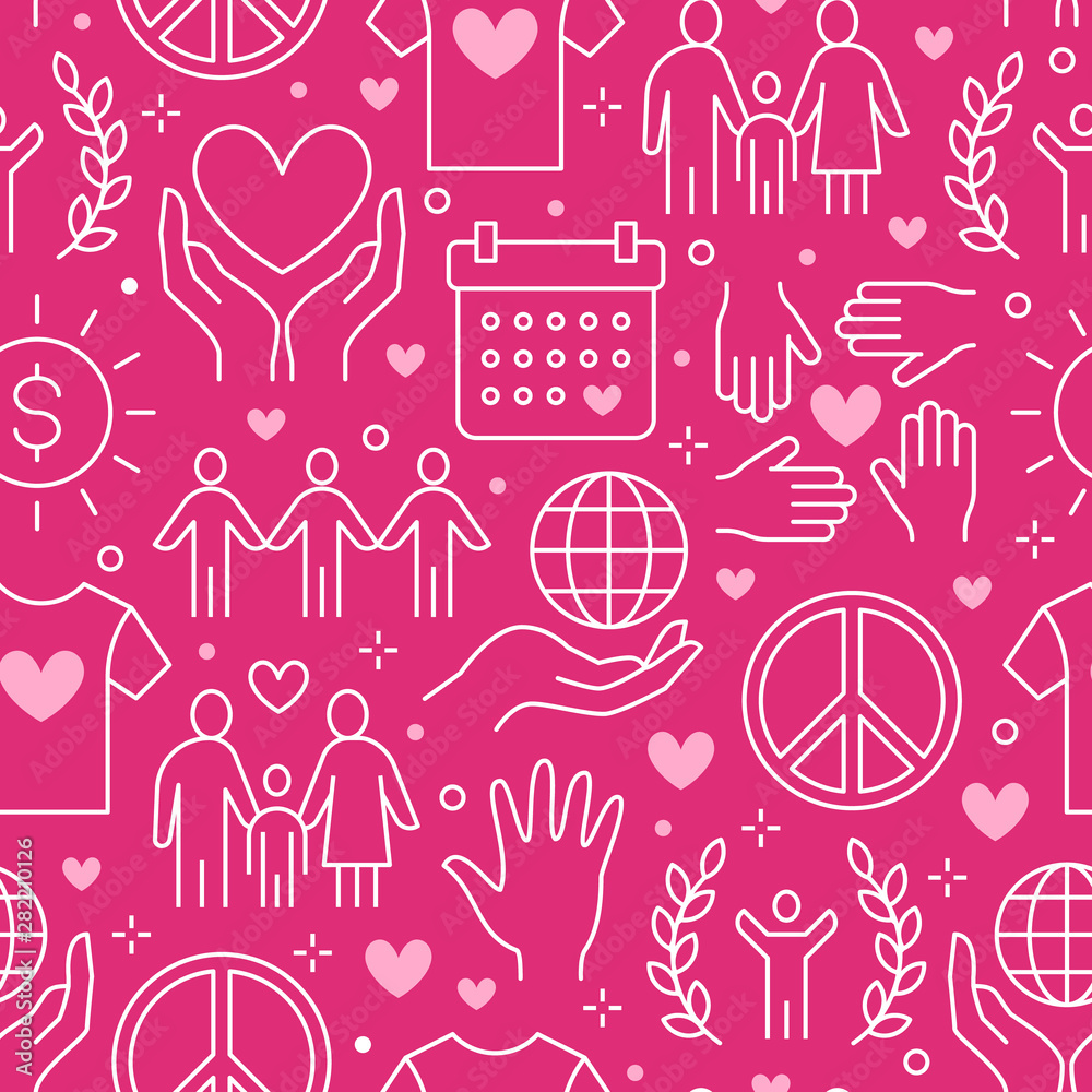 Charity vector seamless pattern with flat line icons. Donation ...