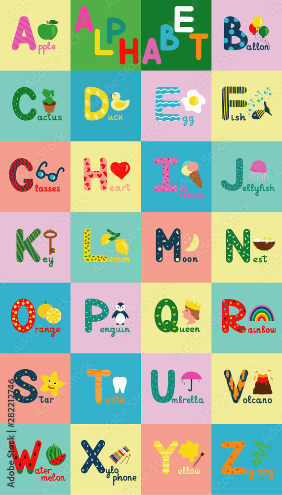 English alphabet for children education, whole alphabet with words in ...