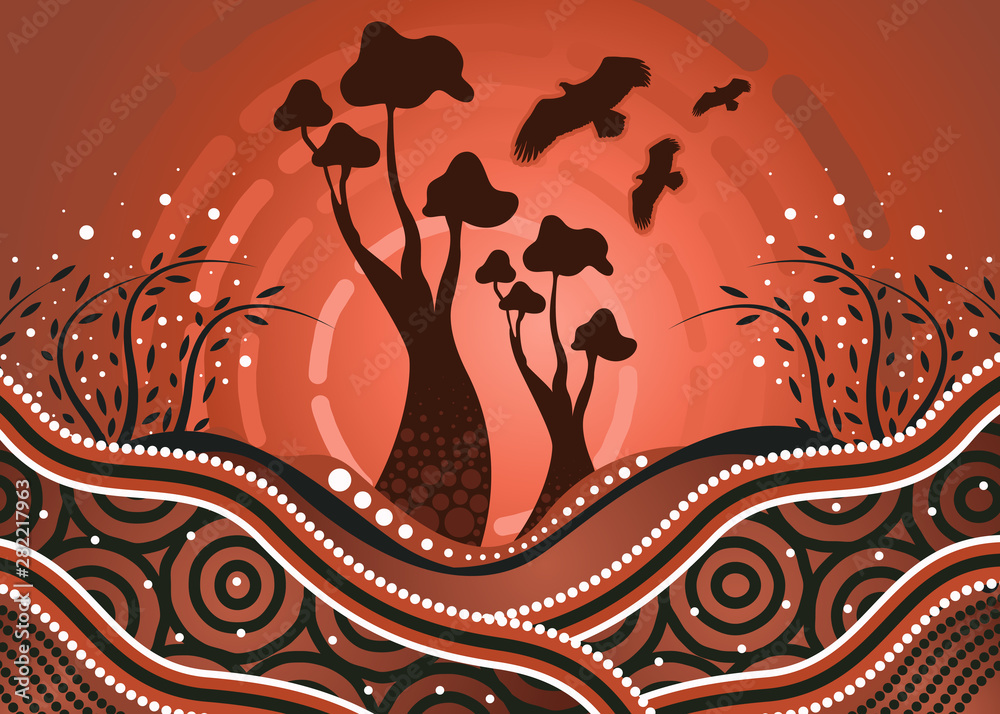 Tree on the hill, An illustration based on aboriginal style of ...
