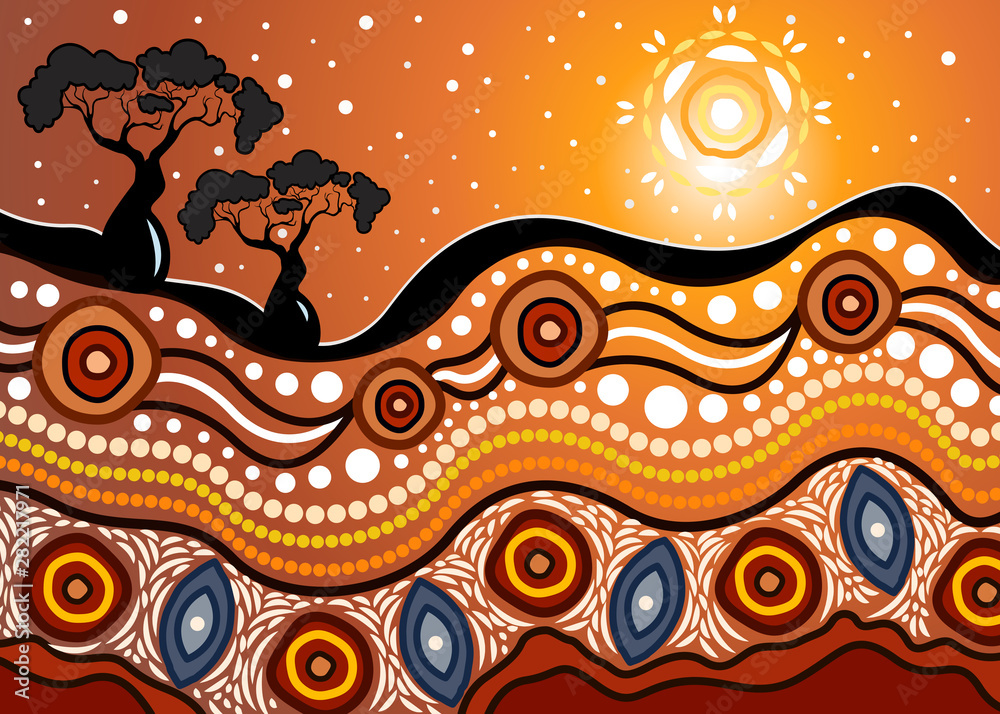 Tree on the hill, An illustration based on aboriginal style of ...