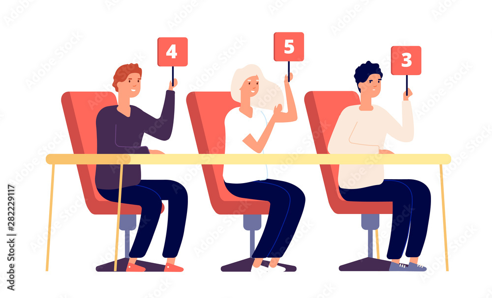 Jury judges. People holding scorecard with numbers, evaluation show ...