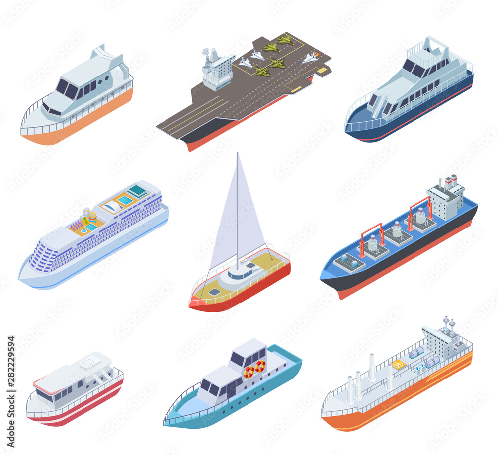 Isometric ships. Vessels shipping nautical boats barge commercial ship ...