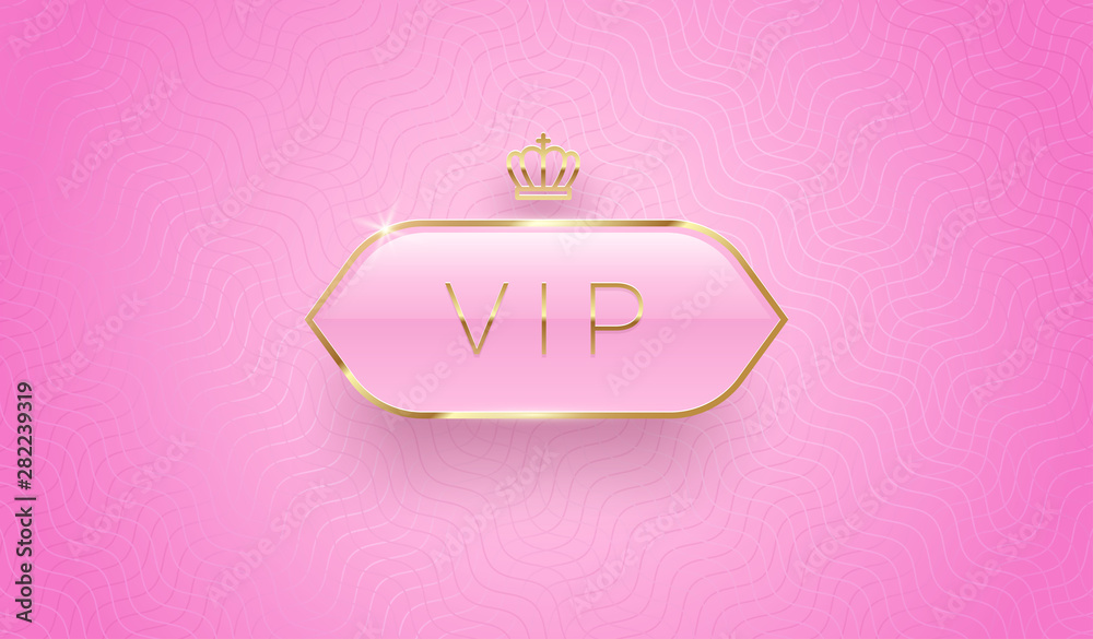 Vip glass label with golden crown and frame on a pink pattern ...