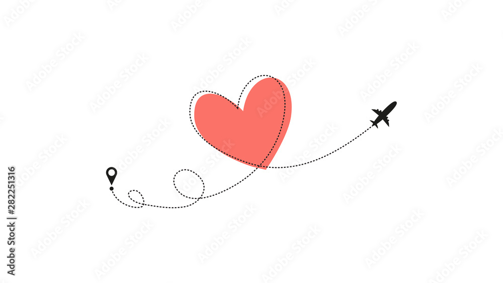 Love airplane route. Heart dashed line trace and plane routes isolated ...