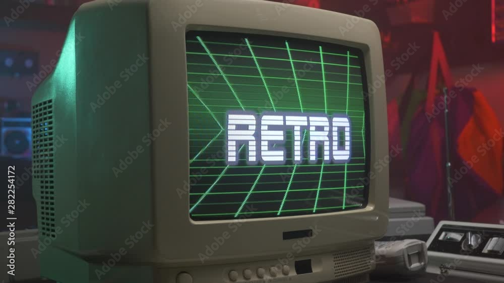 Animation of RETRO title appearing on a retro 80s 90s style graphics ...