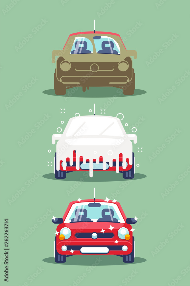 Three stages of touchless car washing at an automatic station. Dirty ...