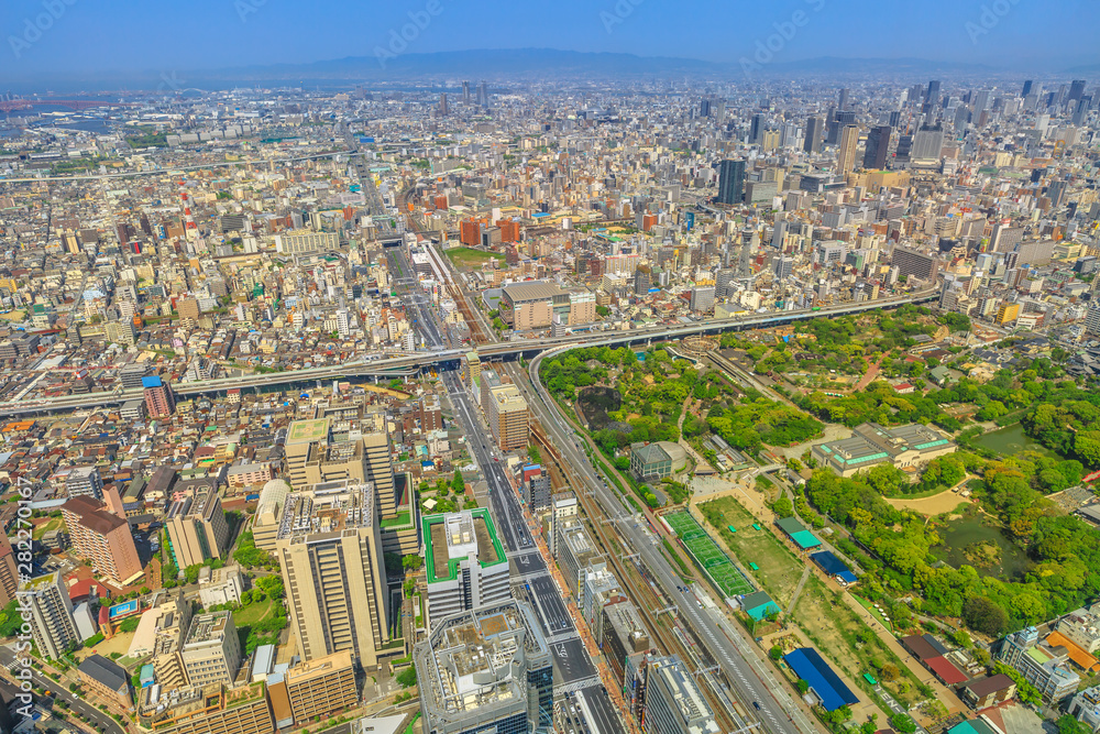 Aerial view of Osaka skyline from observation deck of viewing platform ...