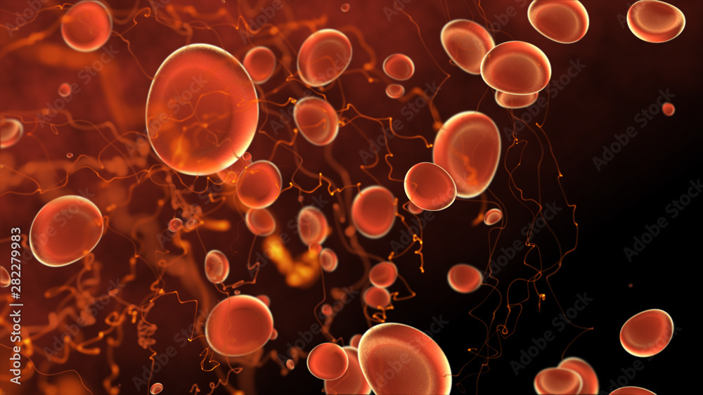 Microscope red blood cells and virus Bacteria, infection 3d rendering ...