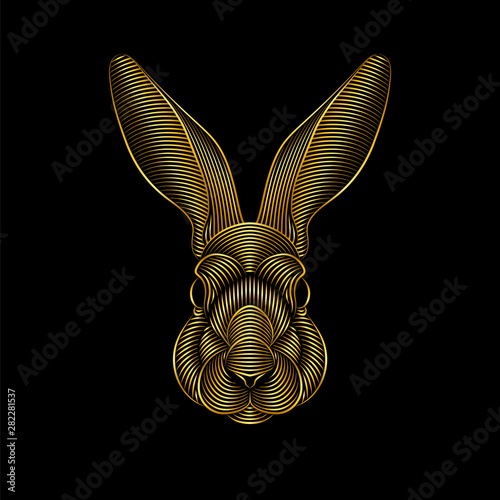 Engraving of stylized golden rabbit portrait on black background. Line ...