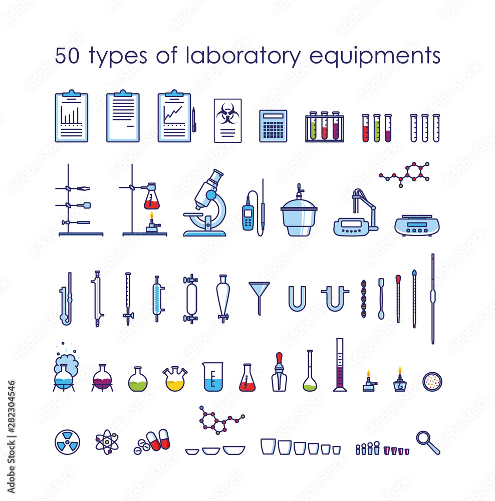 Multicolor illustration with 50 types of laboratory equipments and ...