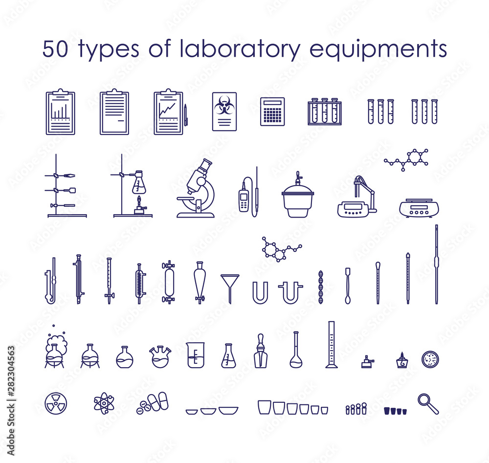 Line icons with 50 types of laboratory equipments and instruments. Set ...