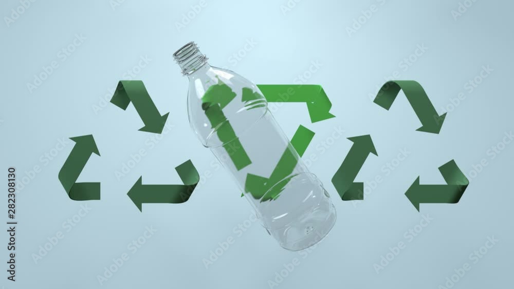 Rotating plastic bottle in front of moving recycling signs. 3d CGI ...