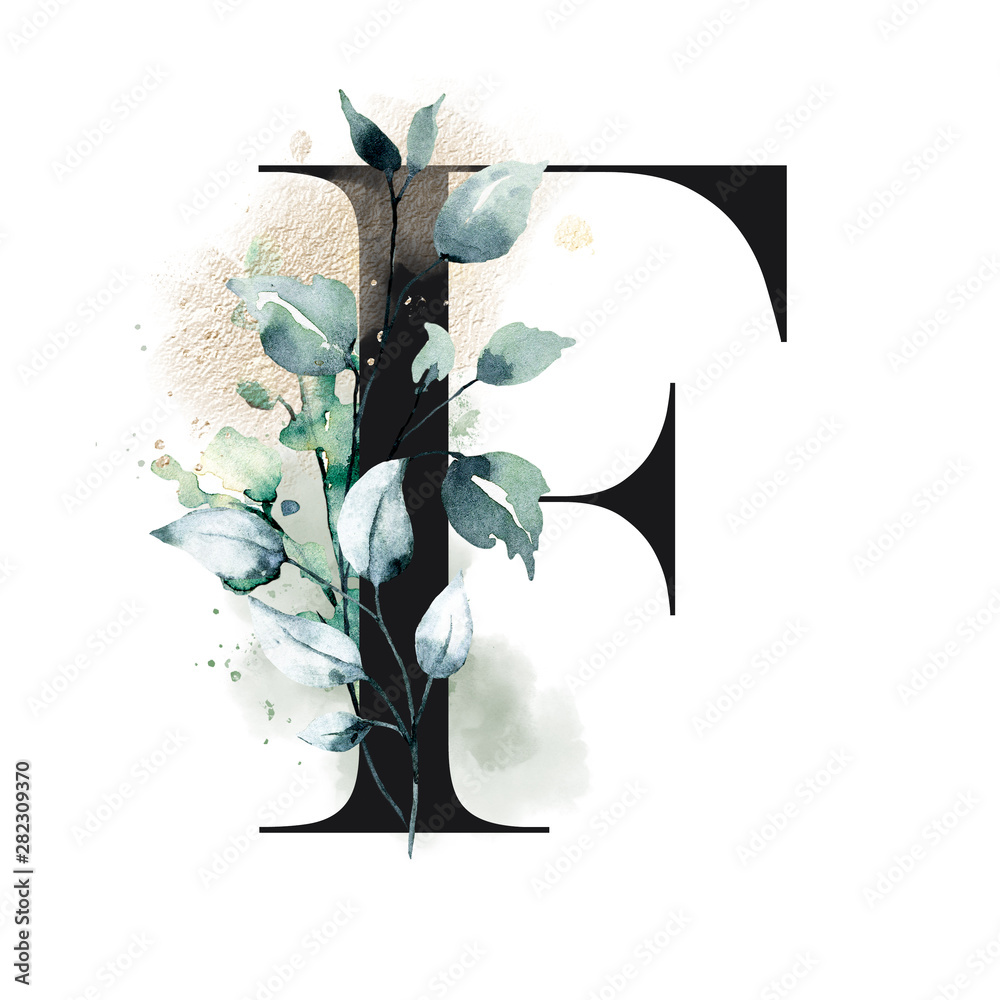 Letter f with watercolor leaf. Floral alphabet, monogram initials ...