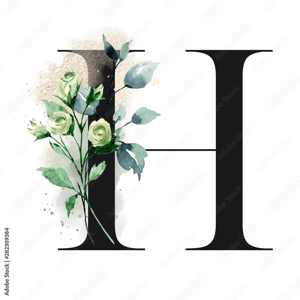 Letter h with watercolor leaf. Floral alphabet, monogram initials ...