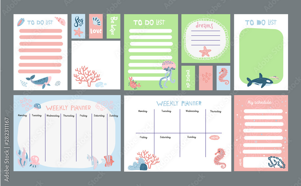 Big set of Pastel planner with Marine life cute illustrations ...