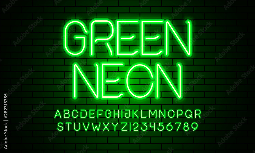 Green neon lamp alphabet font. Neon color shiny letters, numbers and ...