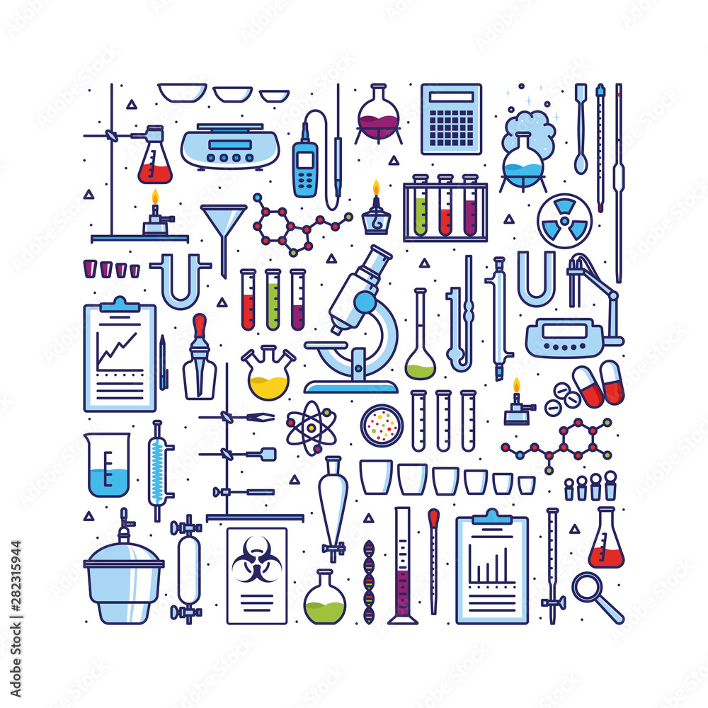 Square concept with 50 types of laboratory equipments and instruments ...