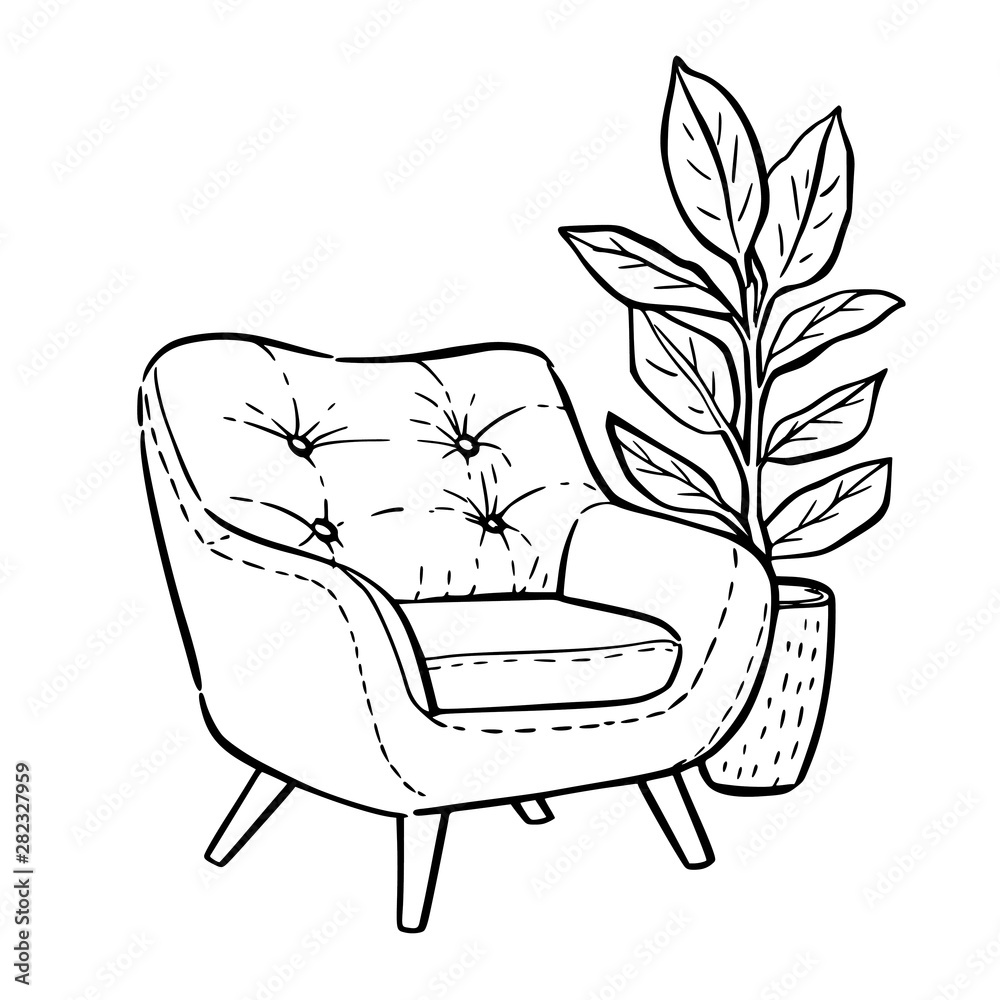 Armchair with a pot of ficus outline doodle illustration. Coloring page ...