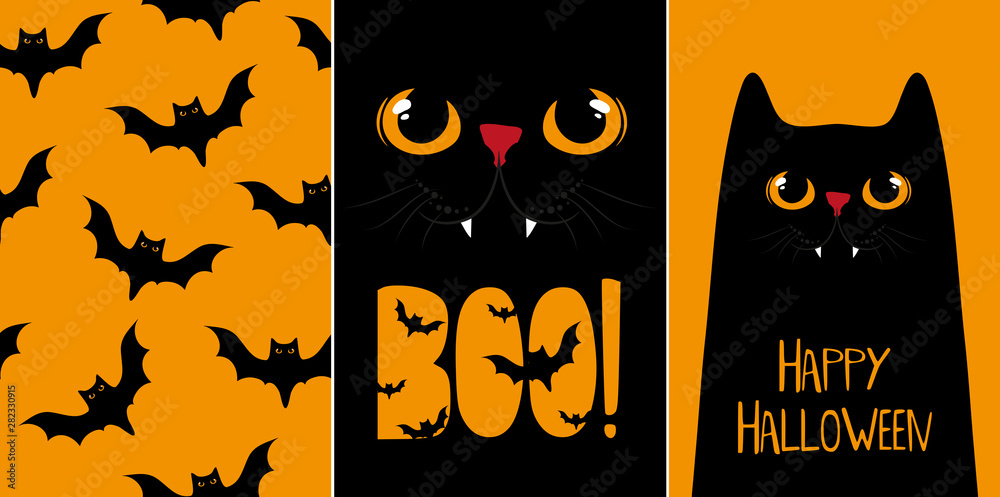 Halloween cards set, vector illustrations with black cat. Stock Vector ...