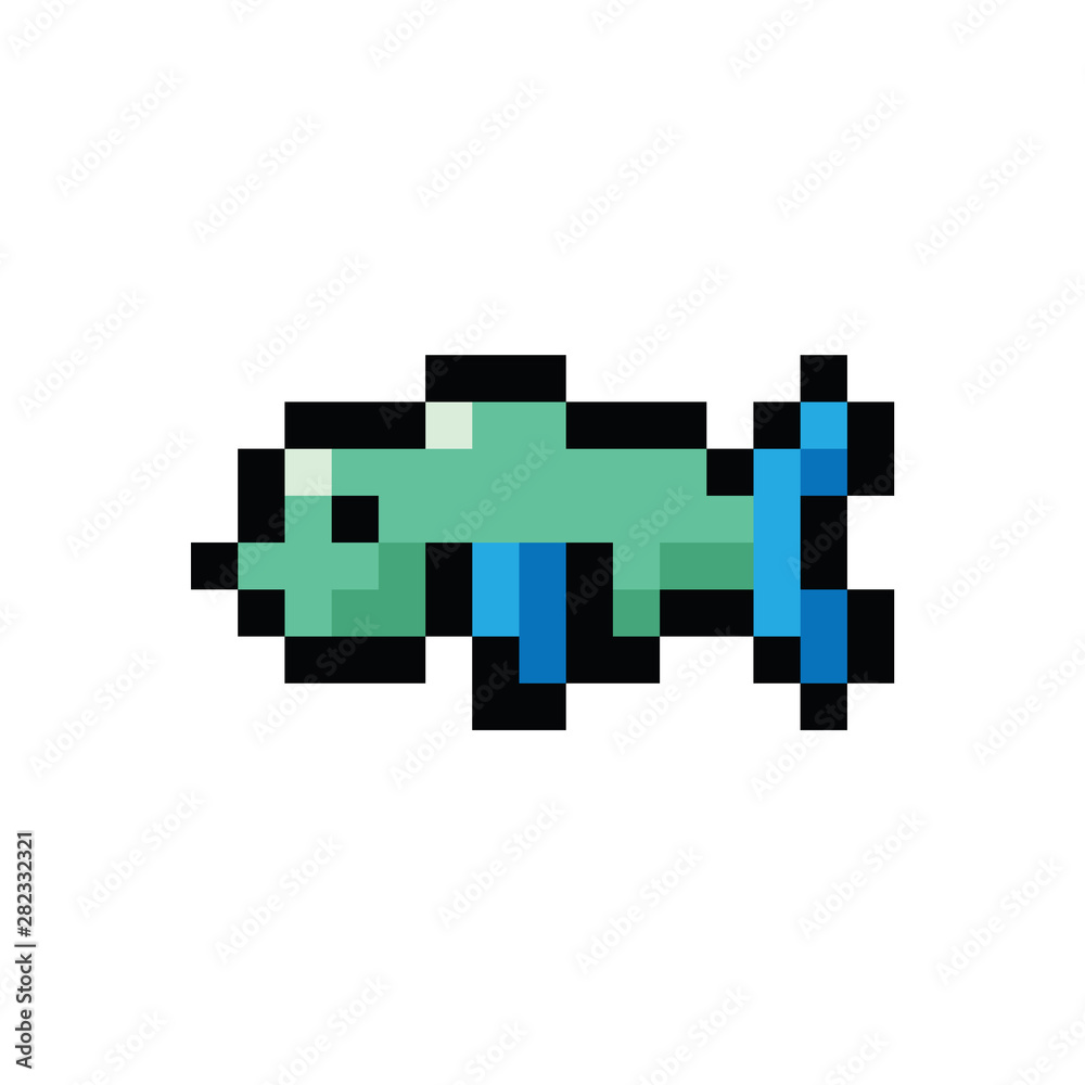 Cute 8 bit small neo mint green fish vector illustration. Pixel sea ...