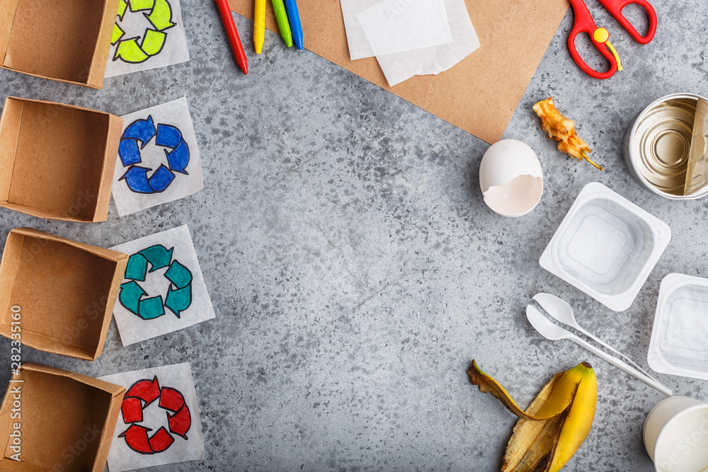 Recycling game for kids with containers for plastic paper compost and ...