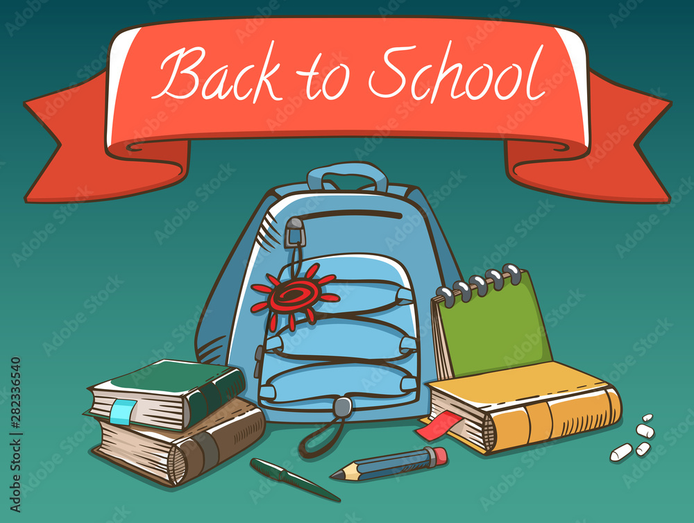 School stuff with red label. Bag pack, books, box, pen, label. Back to ...