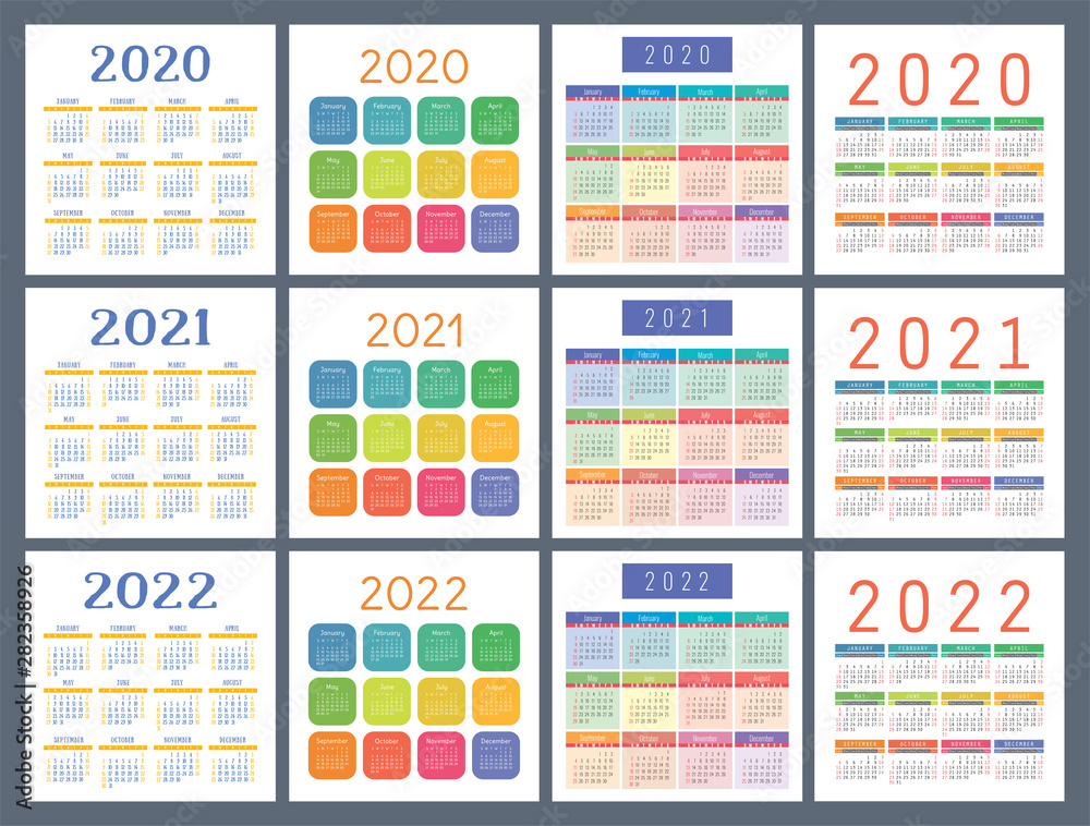 Calendar 2020, 2021, 2022 years. Pocket calender. Colorful set. Week ...