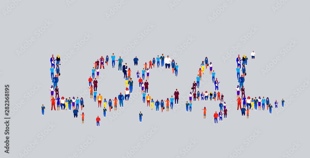 businesspeople crowd gathering in shape of local word different ...