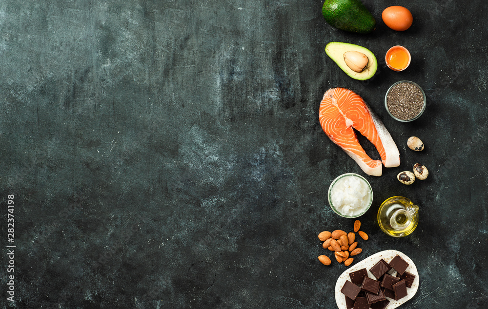 Healthy fats sources concept. Different food ingredients rich good ...