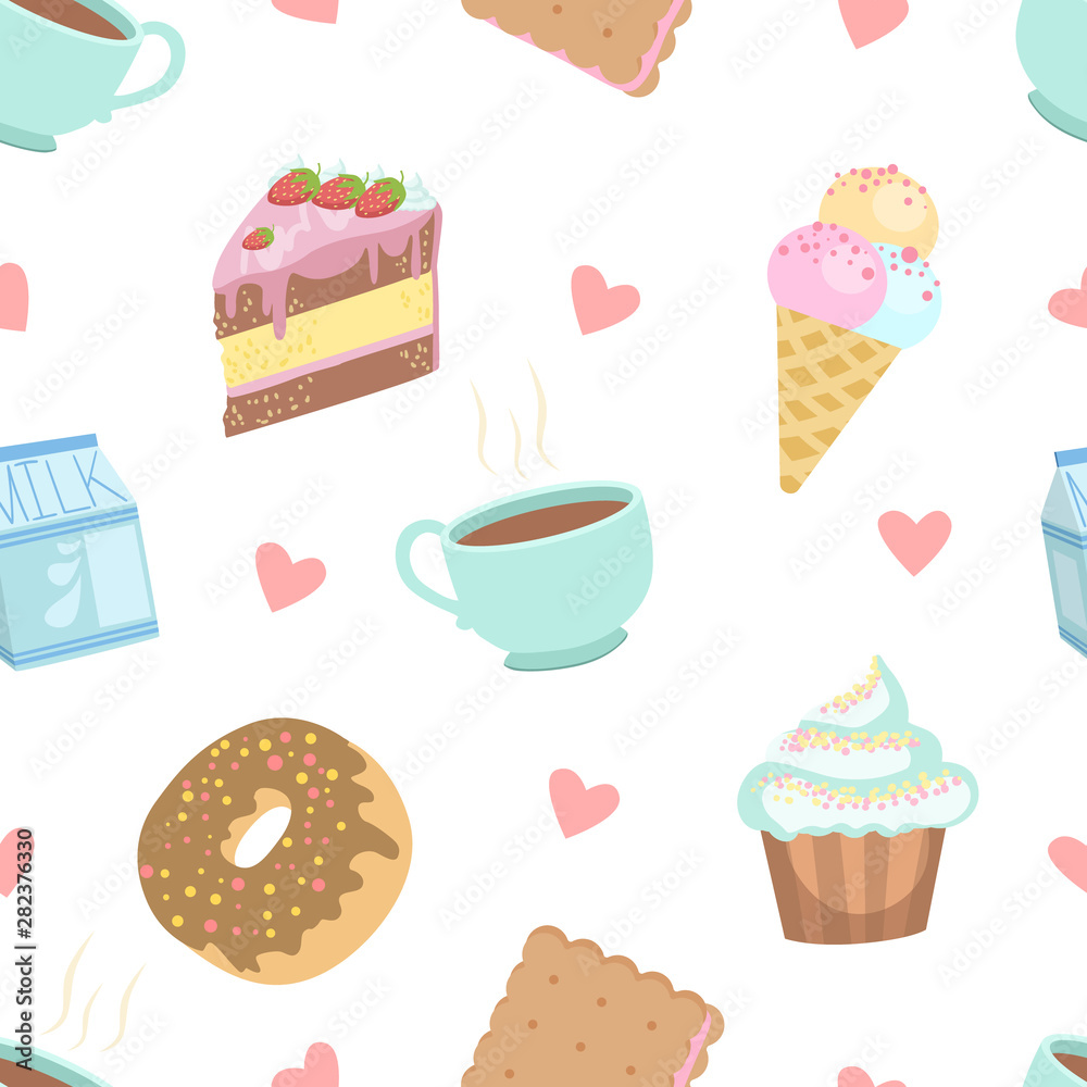Cute Desserts Seamless Pattern, Cake, Cupcake, Donut, Cookie, Ice Cream ...
