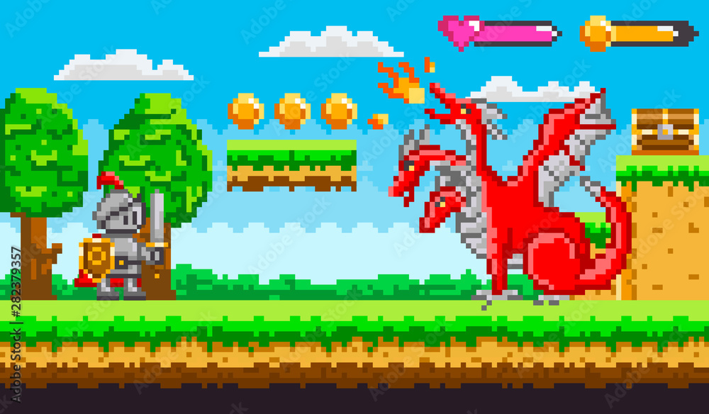 Vetor de Pixel game knight in armor with sword and shield fighting with ...