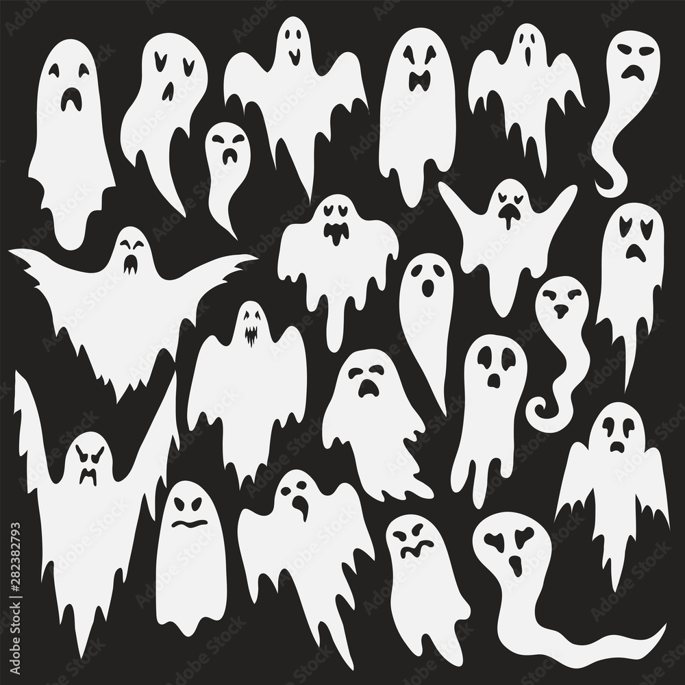 Halloween ghosts. Ghostly monster with Boo scary face shape. Spooky ...