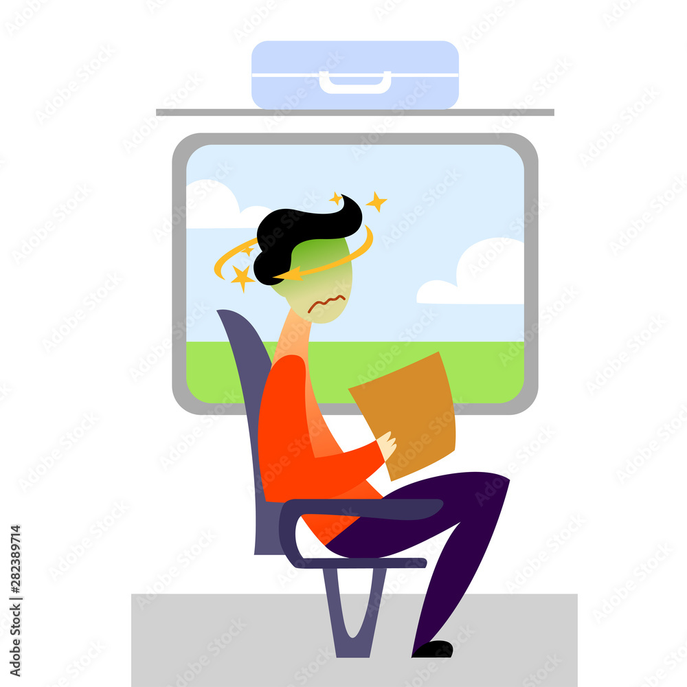 A vector image of a man on a ship with motion sickness and dizziness. A ...
