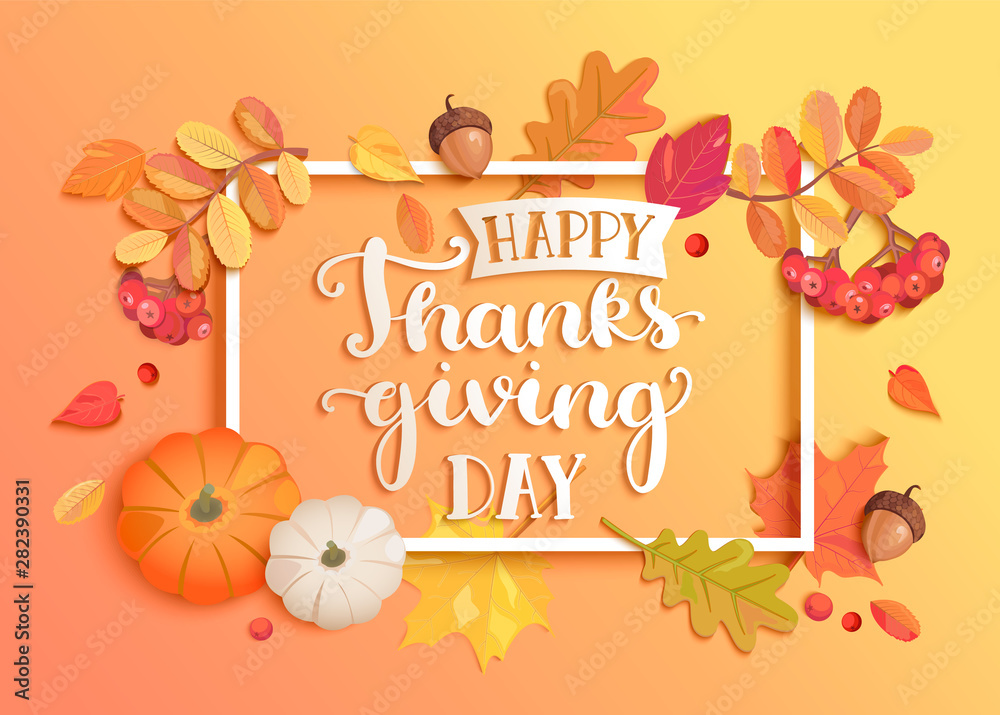 Banner for happy thanksgiving day with frame and seasonal fall leaves ...