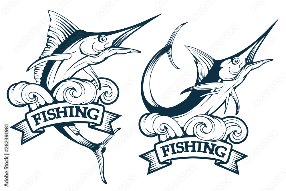 Marlin fish set. Blue marlin fish in different poses, marlin fish ...